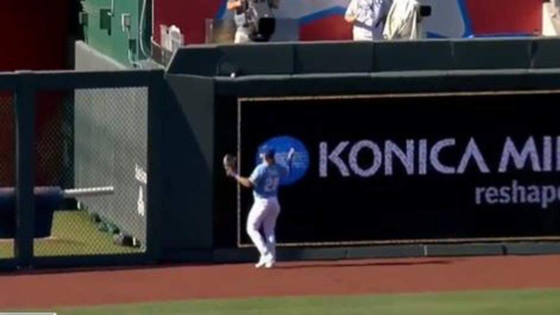Guardians player hits ball that sticks to top of outfield wall | Kansas ...